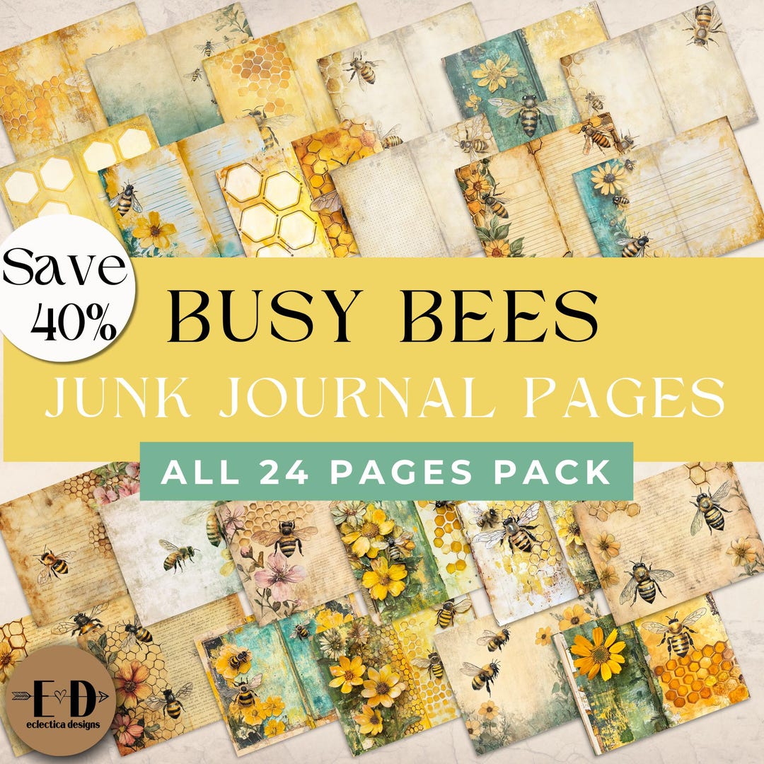 Busy Bees Junk Journal Digital Paper, 24 Digital Journal Pages, Bee ...