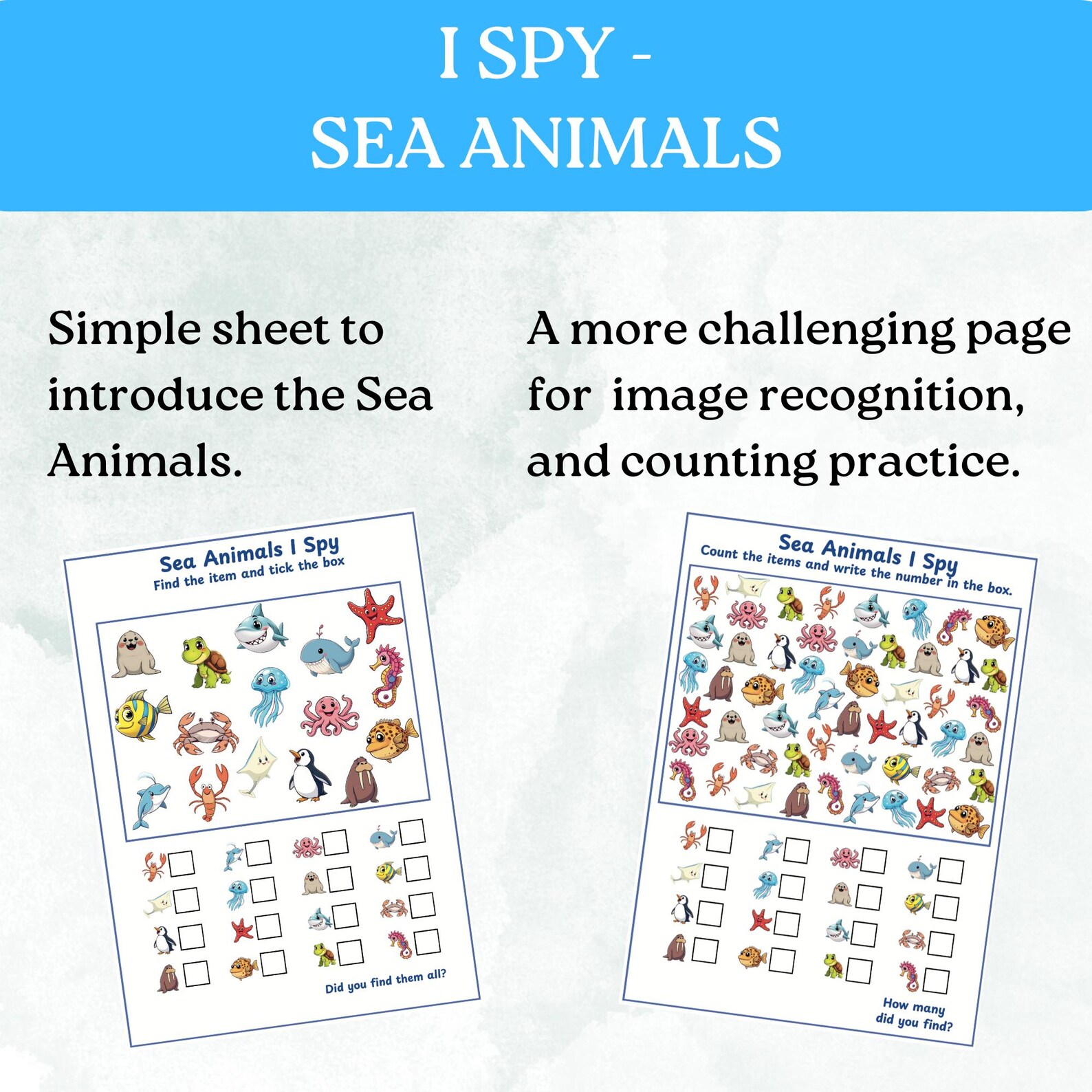 I Spy Sea Animals Counting Printable Activity, Find & Count Animals, I ...