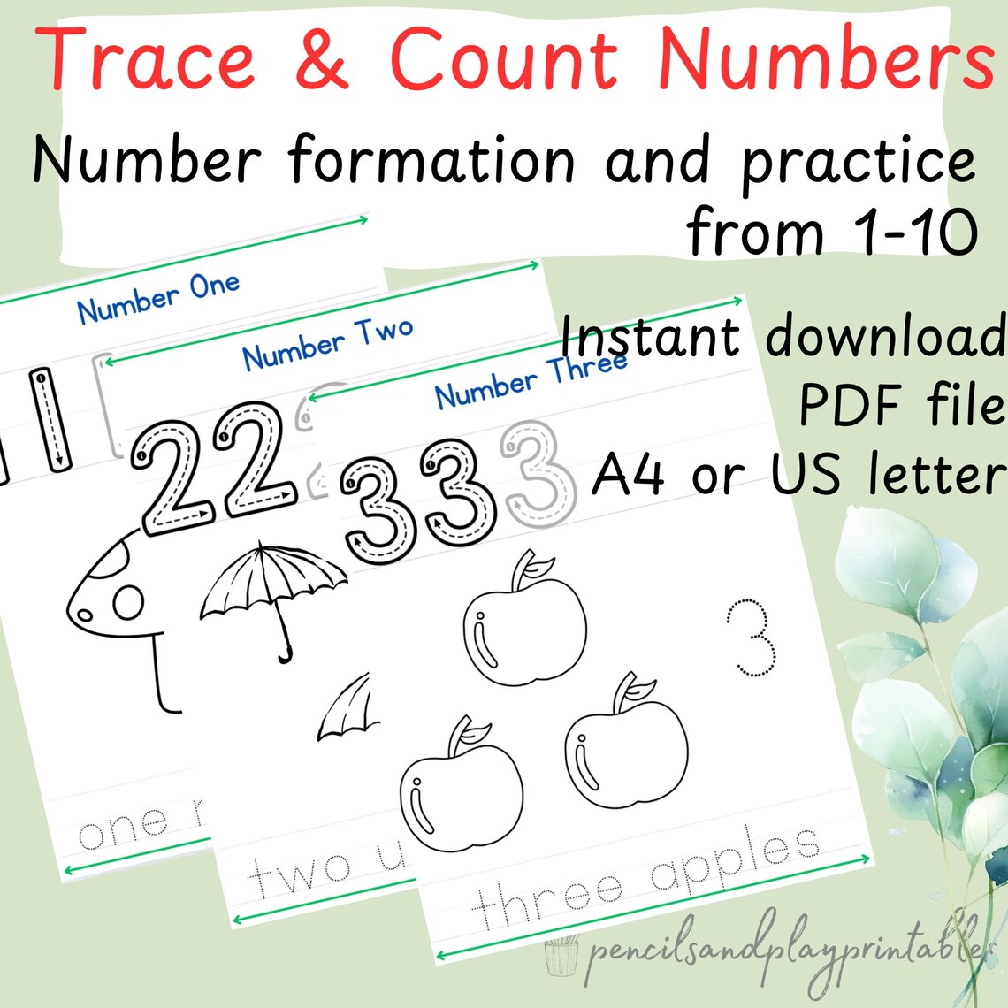 Number Tracing Worksheet, Preschool & Kindergarten, Printable ...