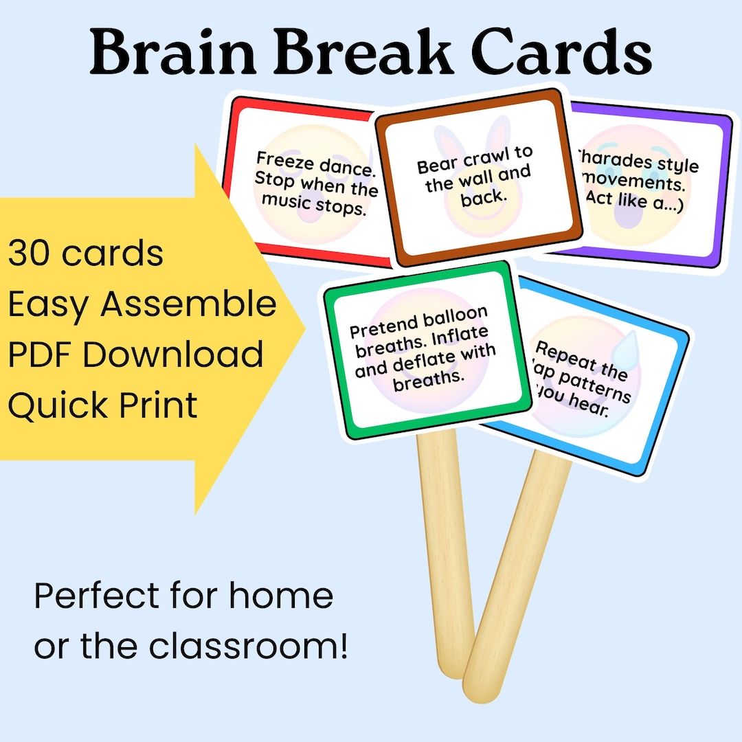 Classroom Brain Break Cards: 30 Rectangle Movement Cards for Kids ...