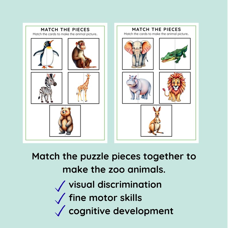 Zoo Animals Matching Game, Printable Puzzle for Toddlers & Preschool ...
