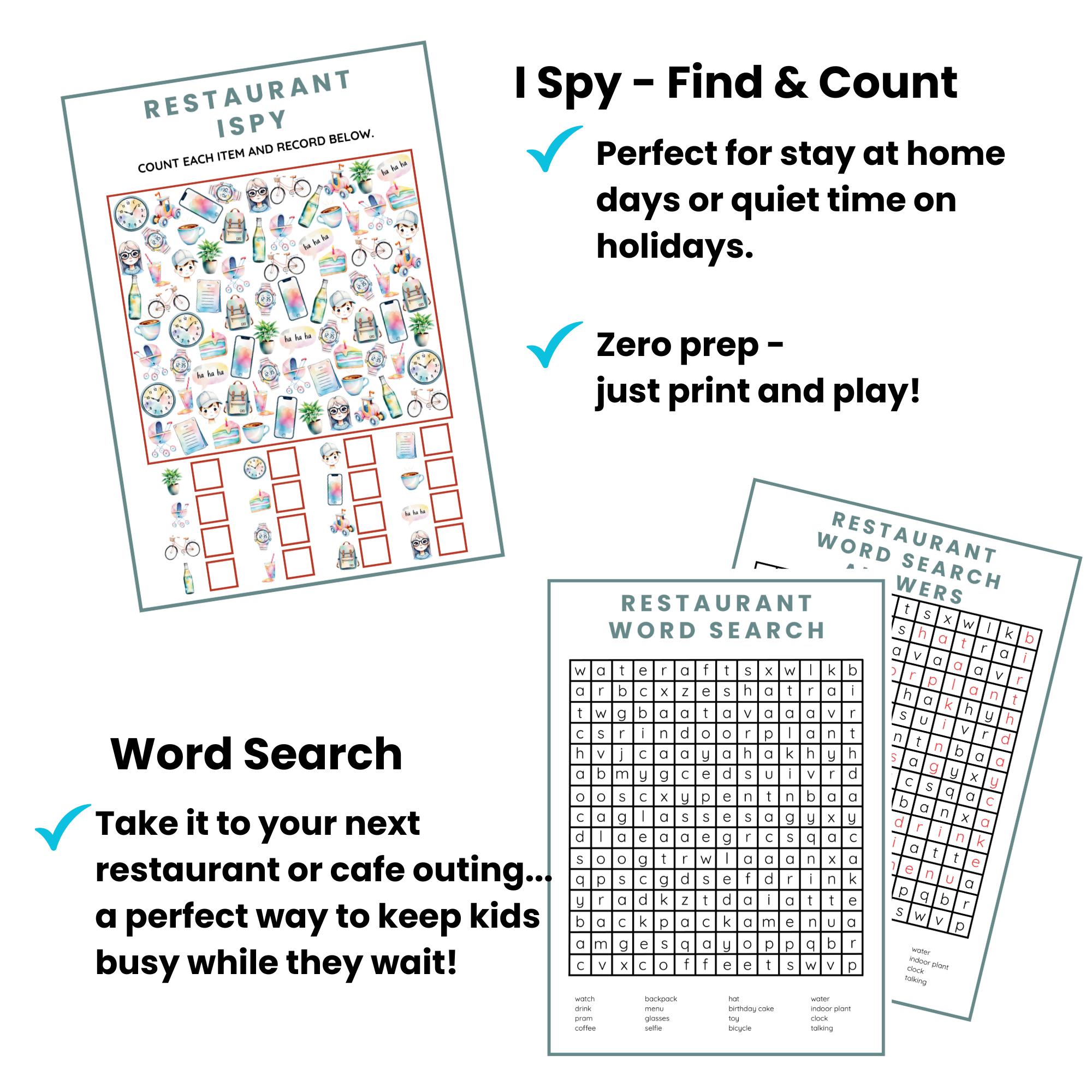 Restaurant Themed Activity Pack, Activity Pack for Kids, Restaurant ...