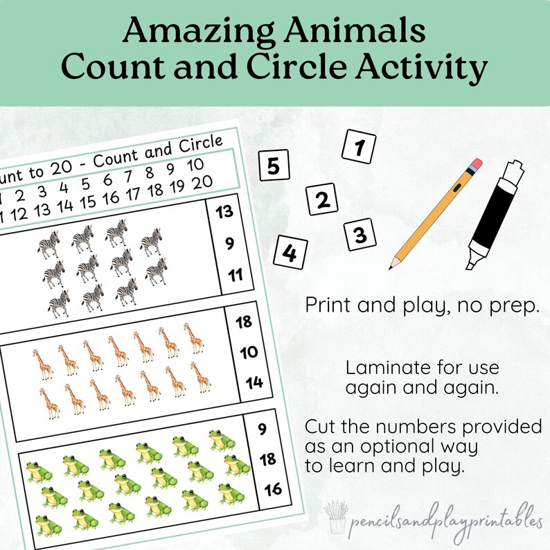 Amazing Animals Count and Circle Activity Worksheets, Count to 20 ...