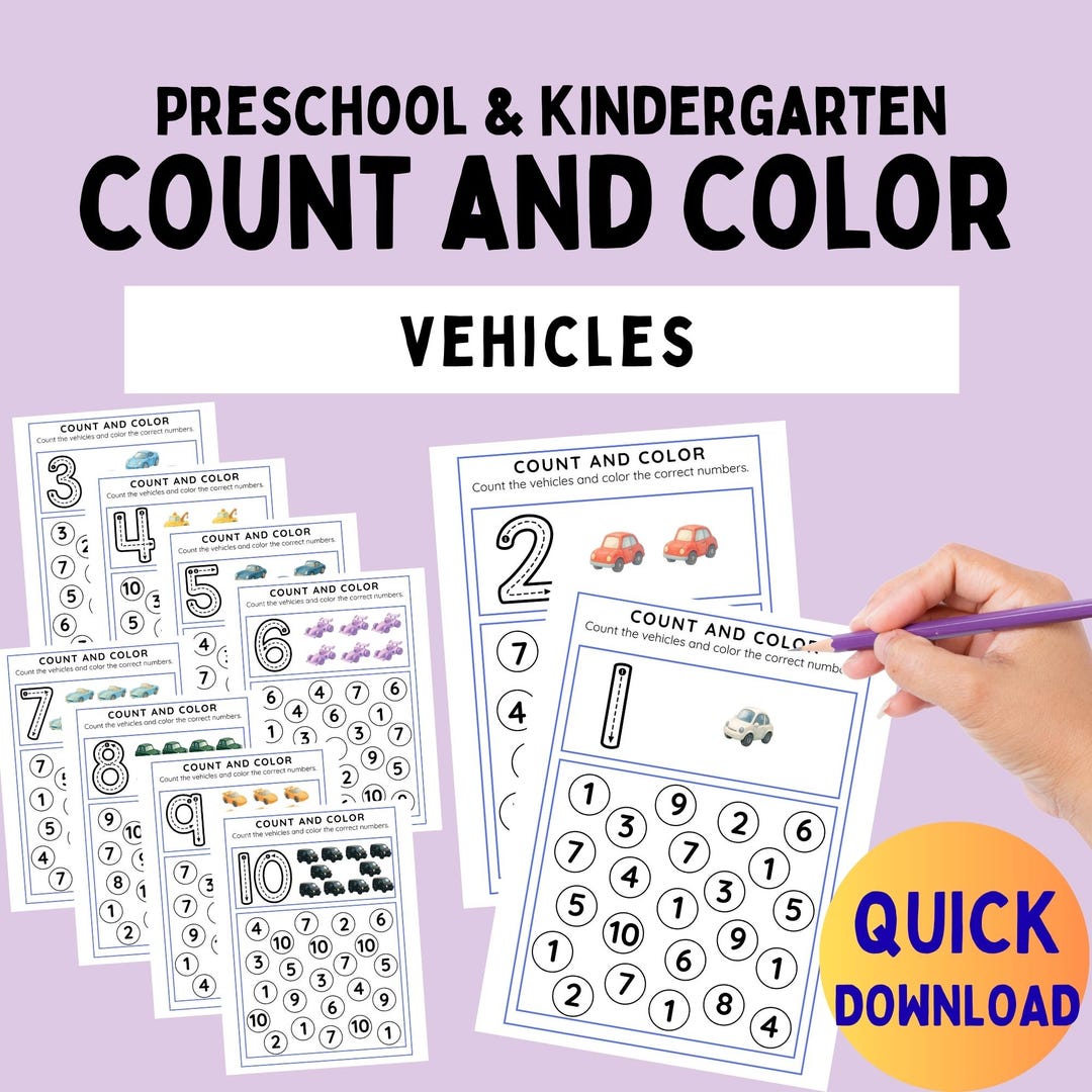 Vehicle Themed Count and Color Activity Worksheets for Preschool and ...