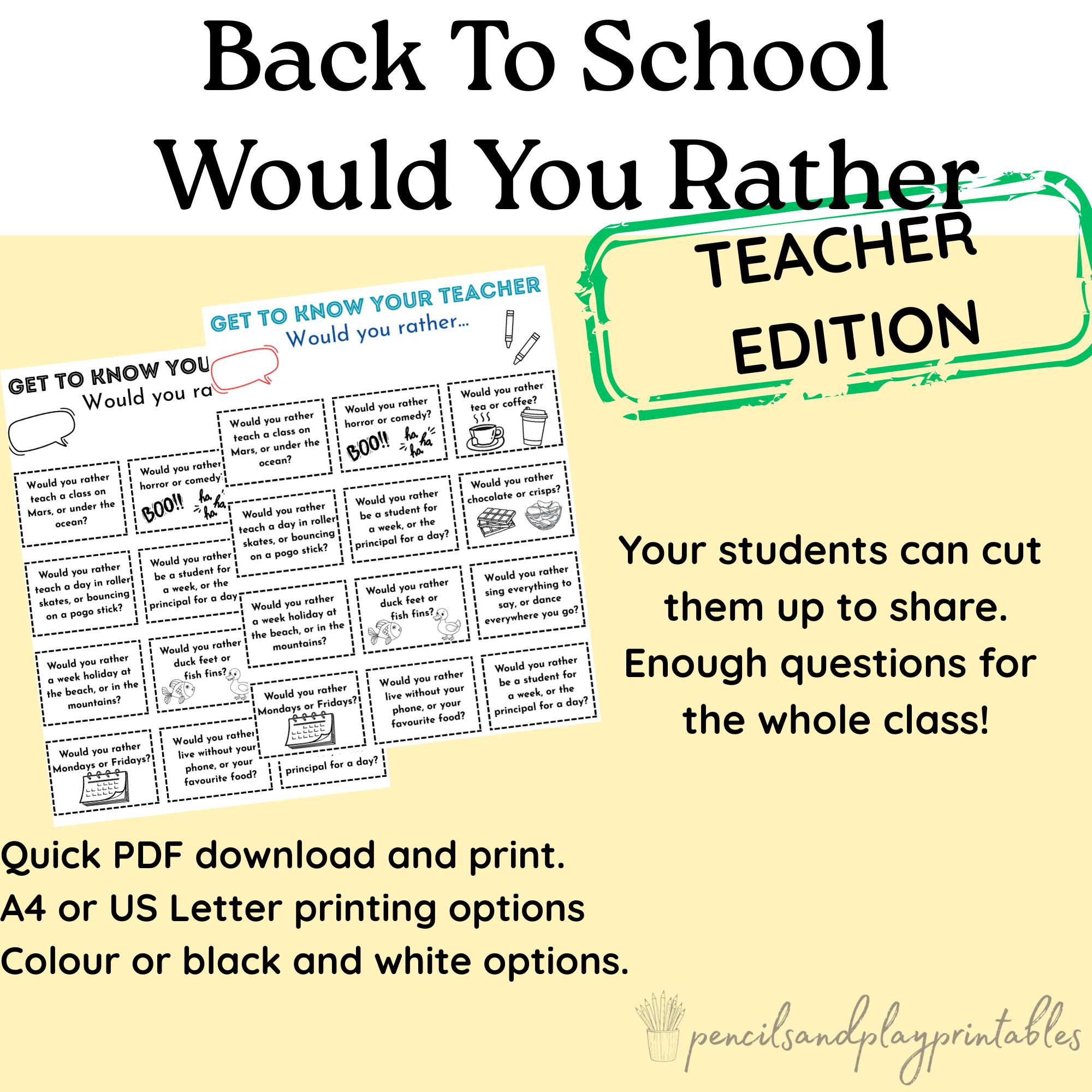 Would You Rather - Teacher Edition, New School Year Activity, Ice ...