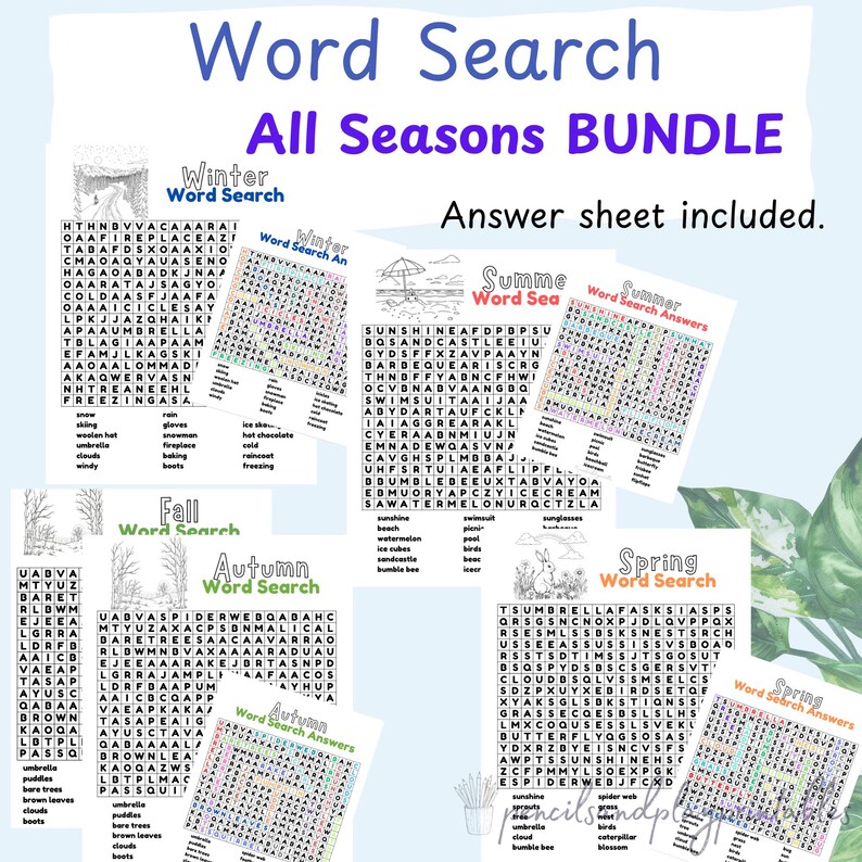 Bundle, 4 Seasons Word Search Bundle, Kids Activities, With Answer Key ...