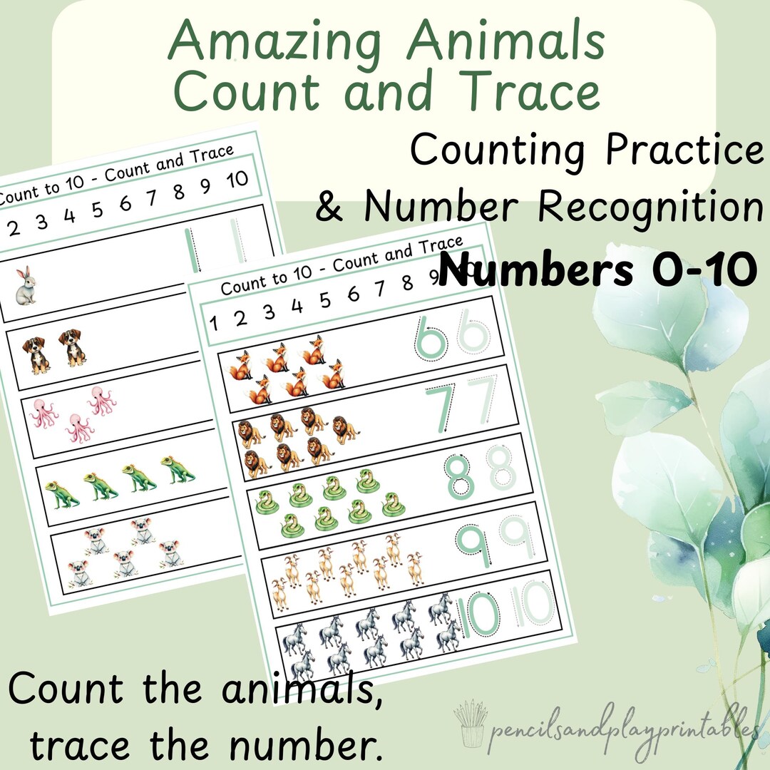 Amazing Animals Count and Trace Printable Worksheets, Learn to Count ...