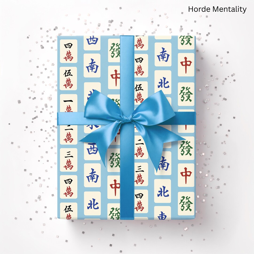 Cute Mahjong Wrapping Paper Blue Preppy Mah Jongg Tile Pattern Gift ...
