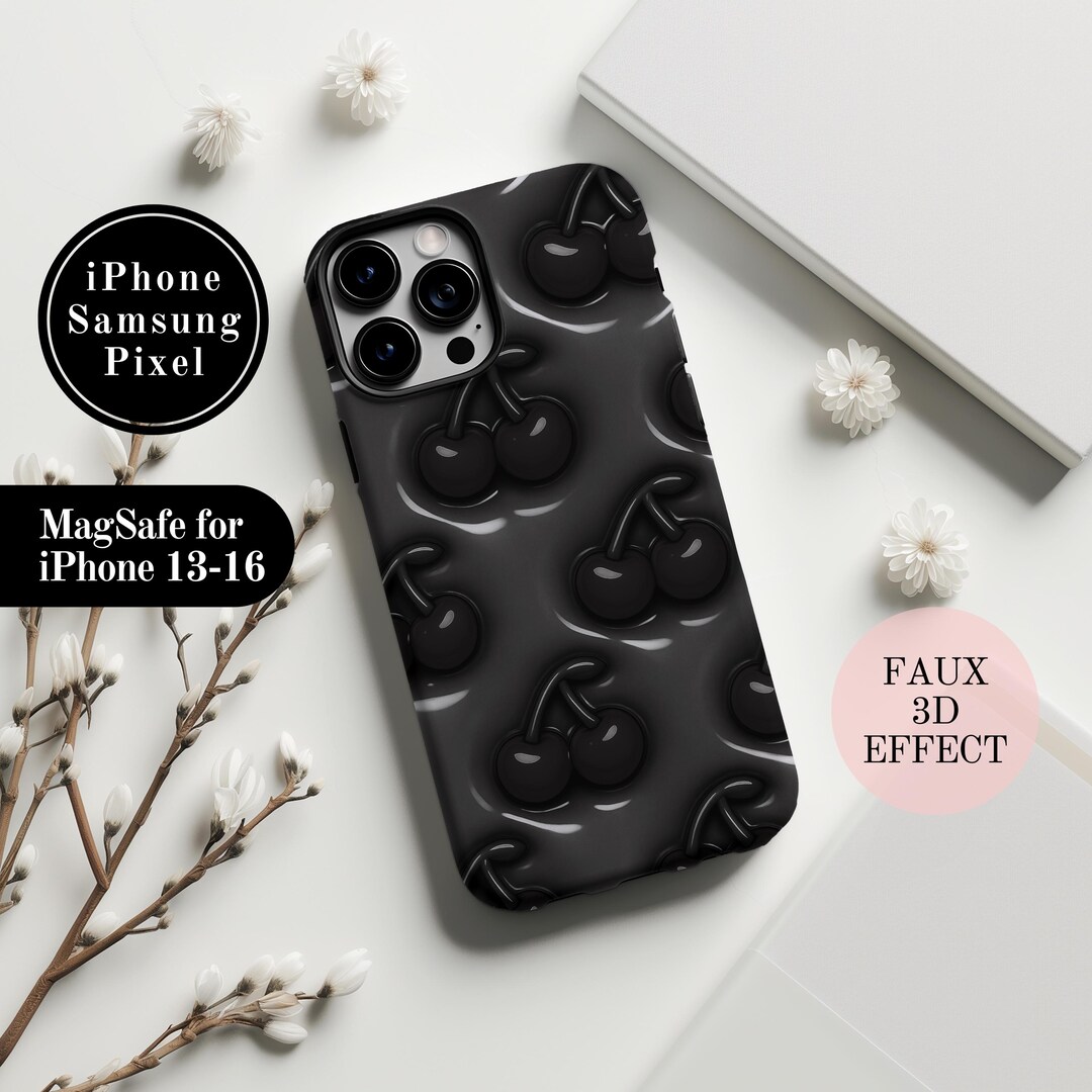 Dark Core Cherry Phone Case 3D Puff Black Samsung S25 Minimalistic Goth ...