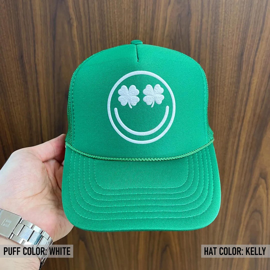 Smile Face Puff Print Hat, St. Patrick's Day Shamrock Eyes Trucker Hat ...