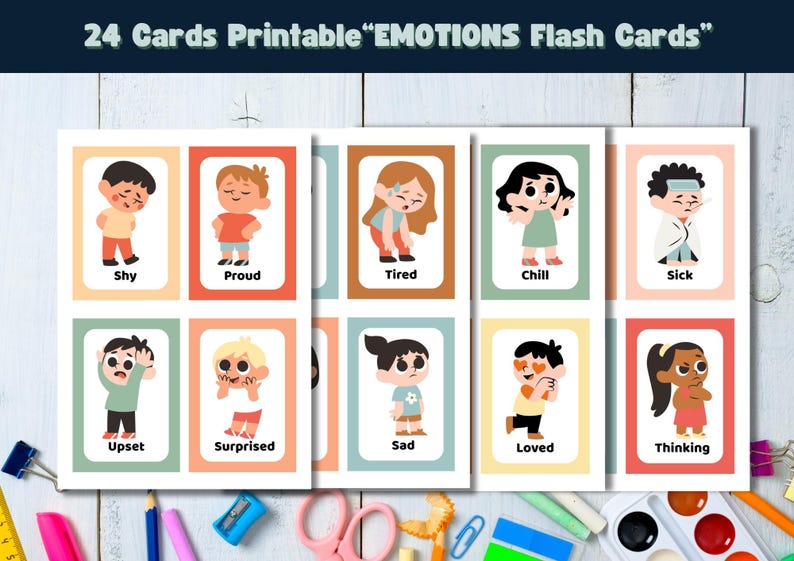 Printable Emotions Flash Cards for Kids - 24 Printable Feelings Cards ...