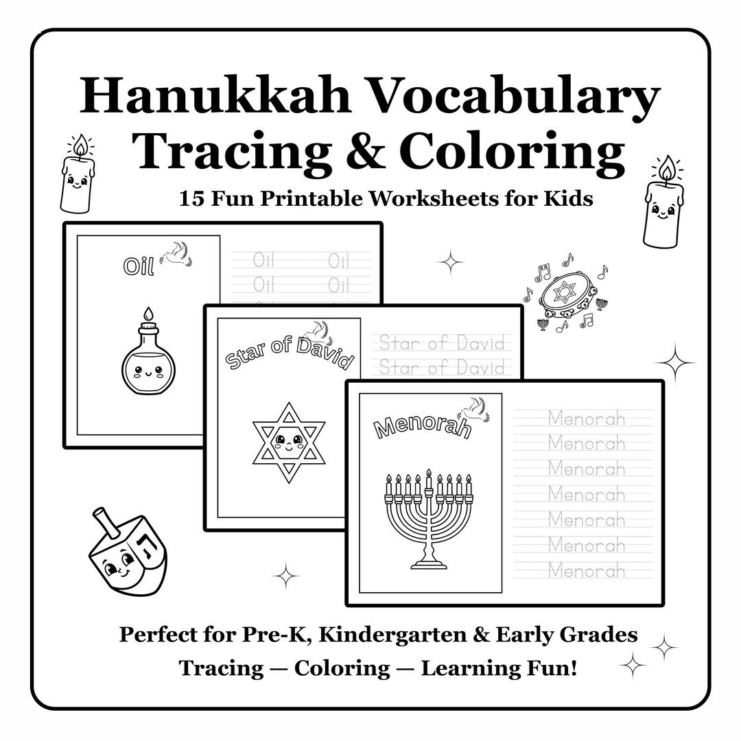 Hanukkah Vocabulary Tracing and Coloring Worksheets - 15 Printable ...
