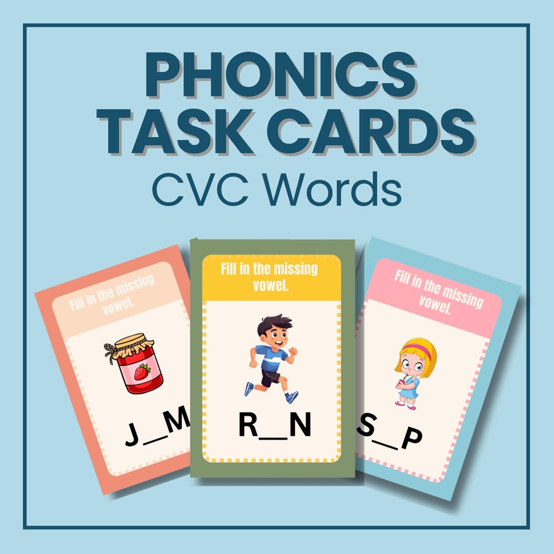 CVC Words Phonics Task Cards: Missing Vowel Activity (digital Download ...