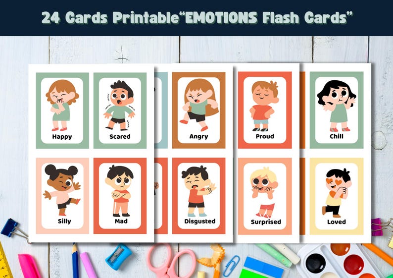 Printable Emotions Flash Cards for Kids - 24 Printable Feelings Cards ...