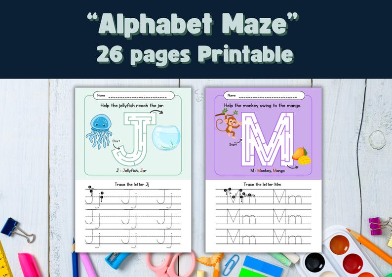 Alphabet Maze and Tracing Worksheets A to Z Printable PDF for Kids ...