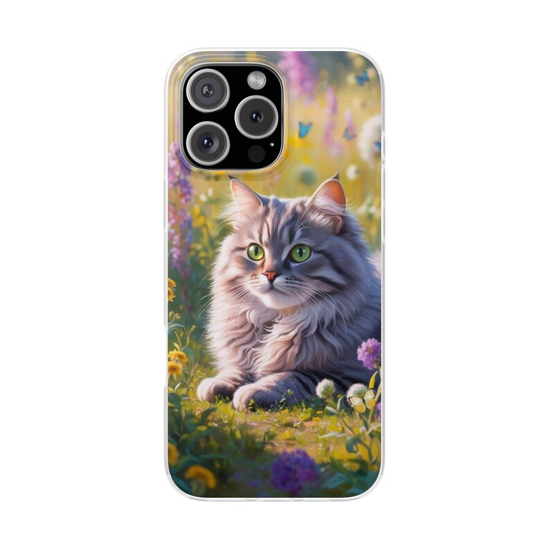 Fluffy Gray Tabby Cat Outdoors With Wildflowers Fits iPhone 15 16 All Models Flexi Cases iPhone ...