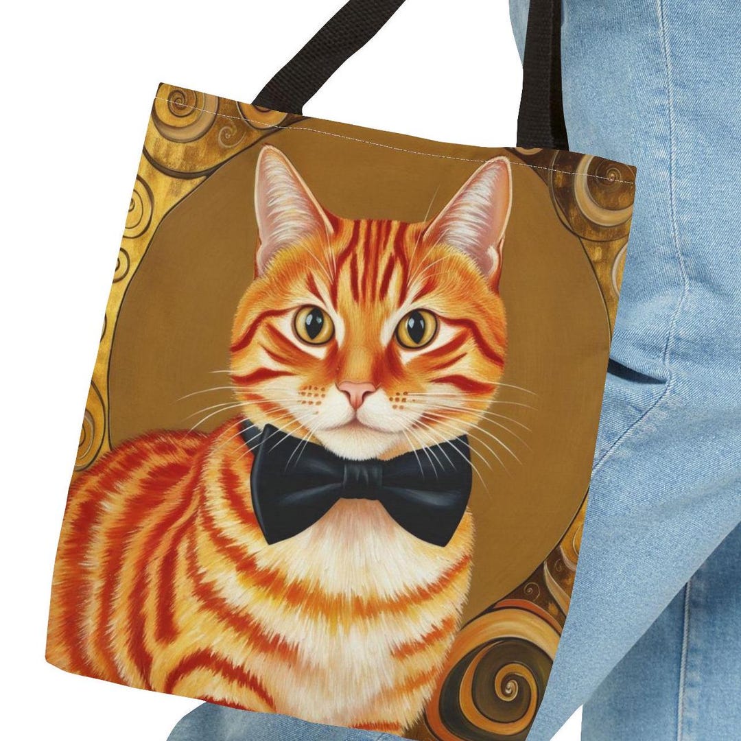 Sweet Ginger Cat in Black Bowtie Tote Bag (AOP) Klimt Style Golden Tote ...