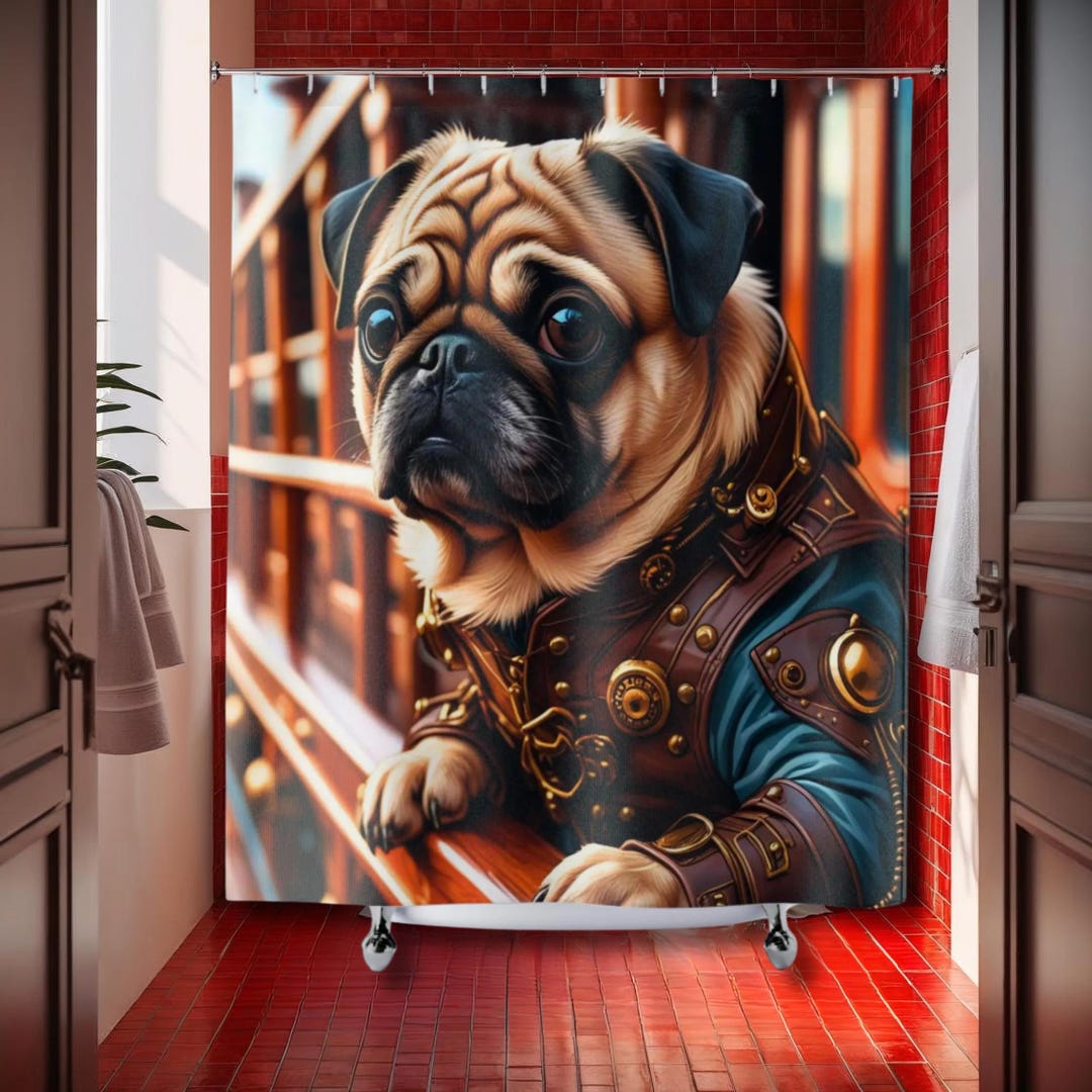Steampunk Captain Pug on a Fun Riverboat Adventure Shower Curtains for ...