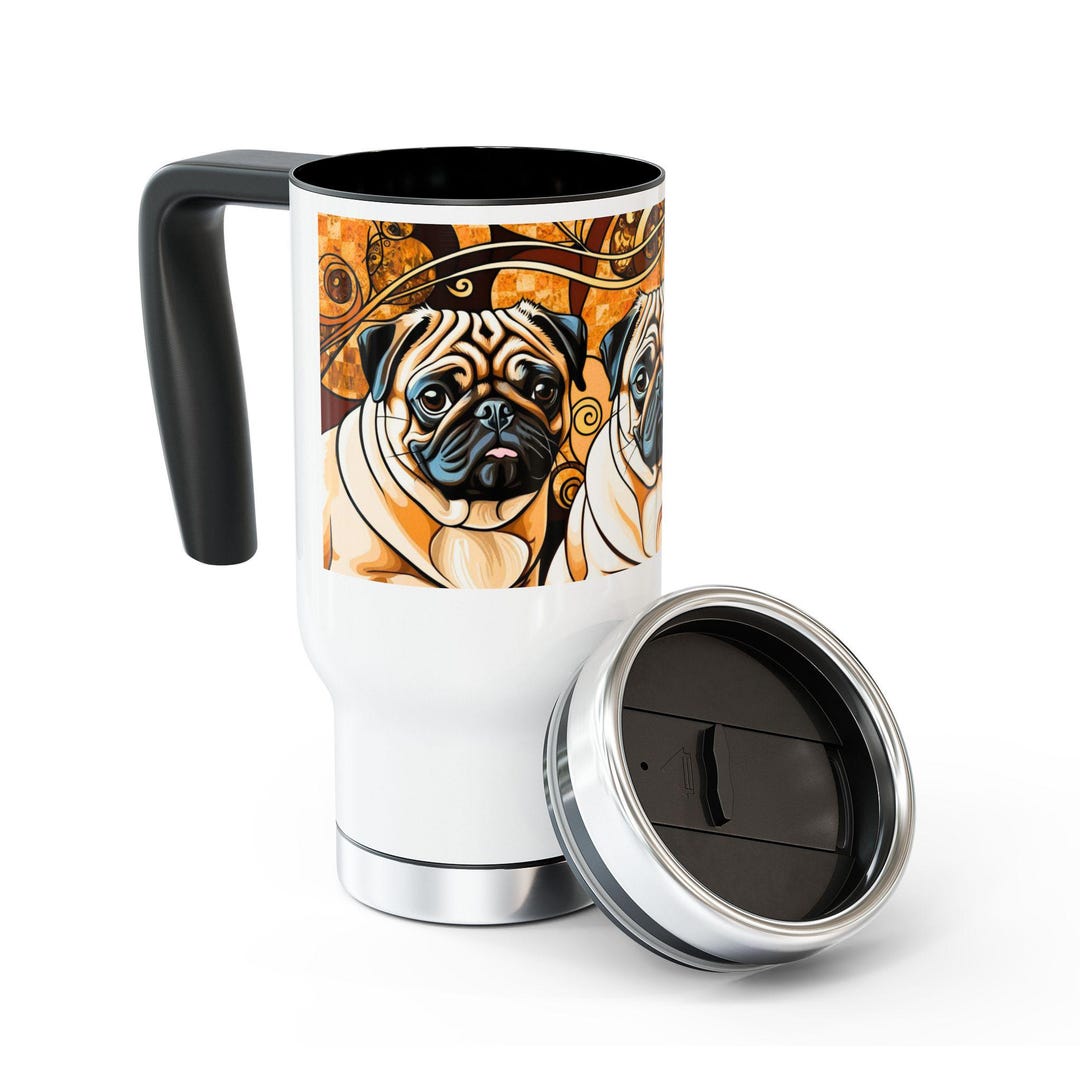 Pug Dog Trio in Fanciful Klimt Art Style Stainless Steel Travel Mug ...
