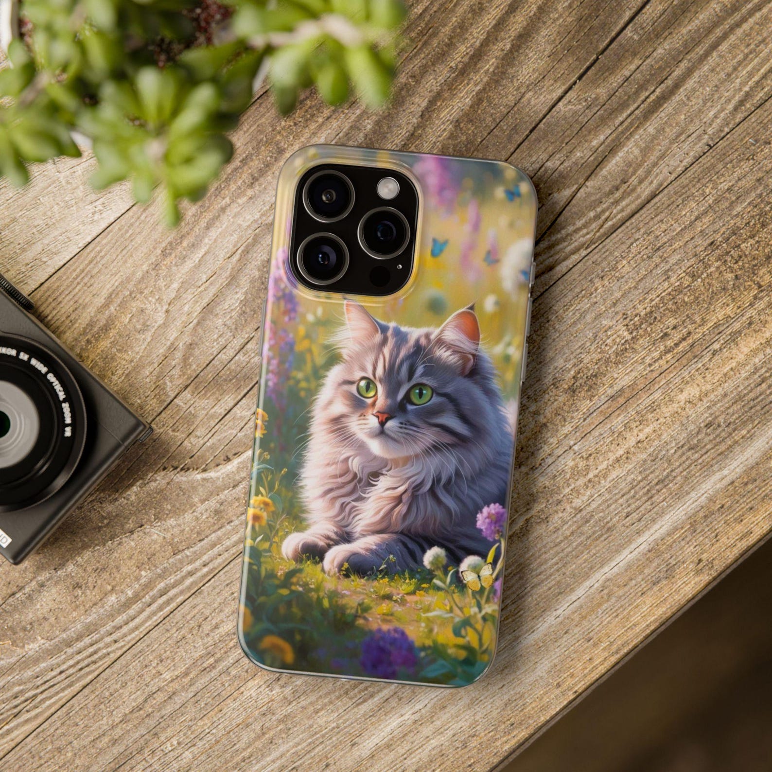 Fluffy Gray Tabby Cat Outdoors With Wildflowers Fits iPhone 15 16 All ...