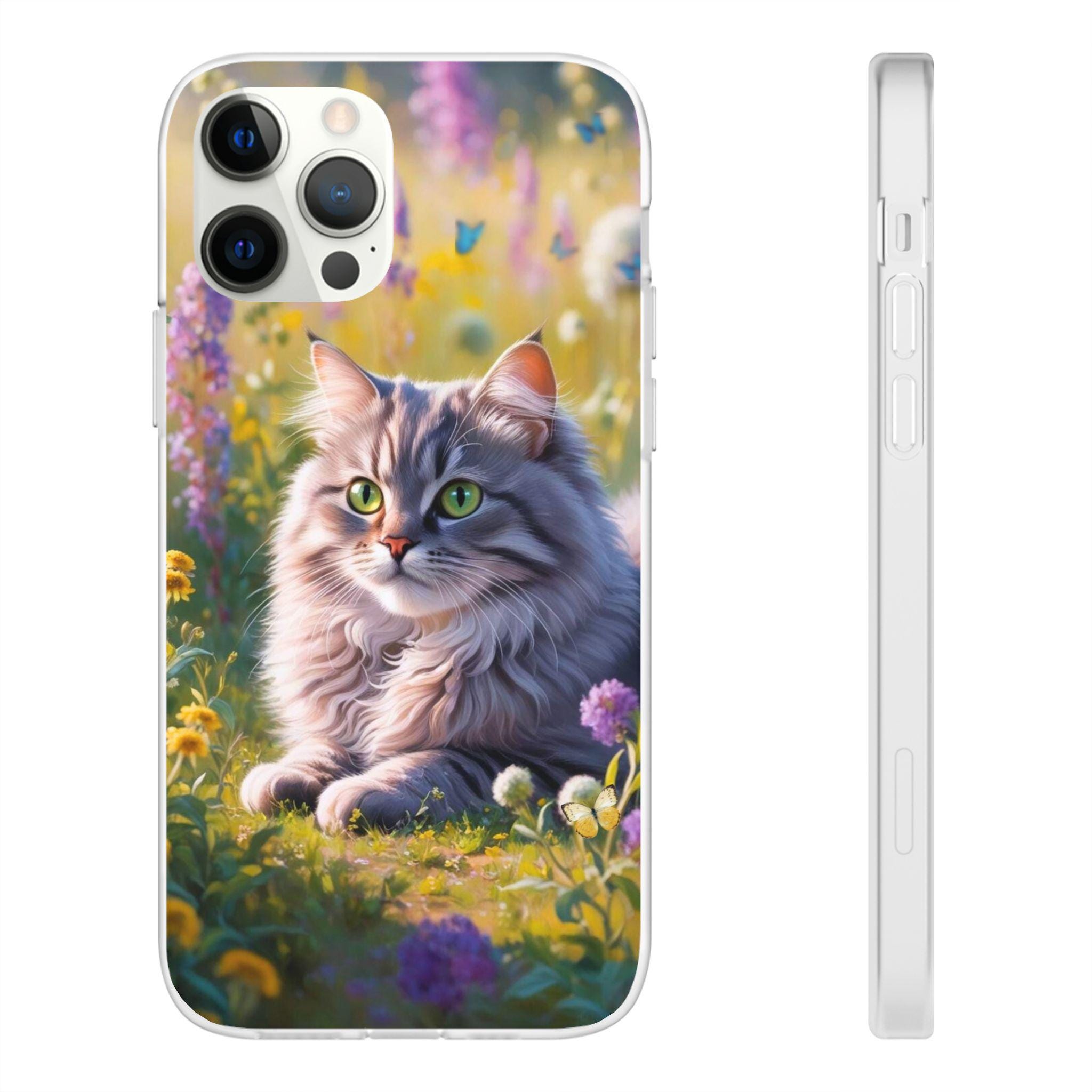 Fluffy Gray Tabby Cat Outdoors With Wildflowers Fits iPhone 15 16 All ...