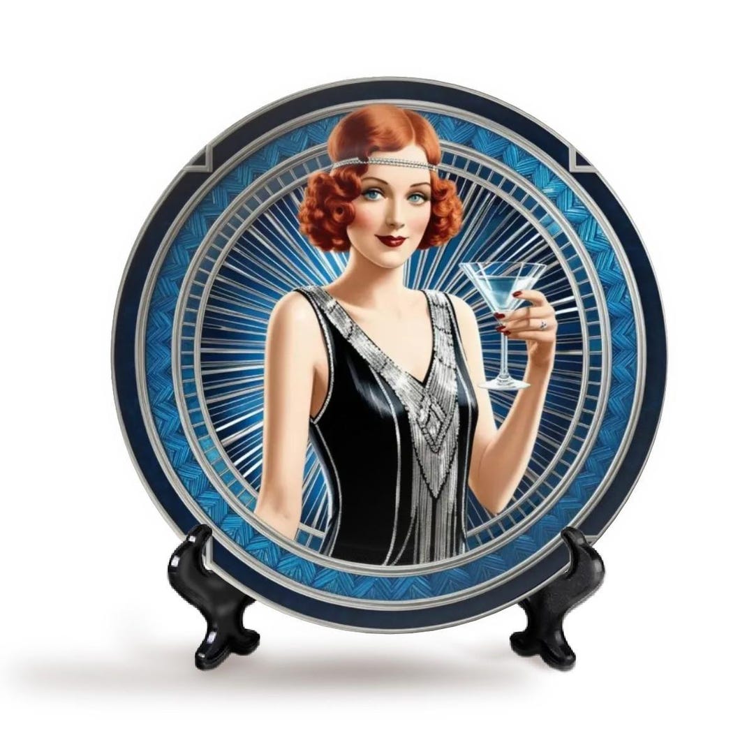 Art Deco Plate Blue and Silver Design With a Flirty Redhead Flapper ...