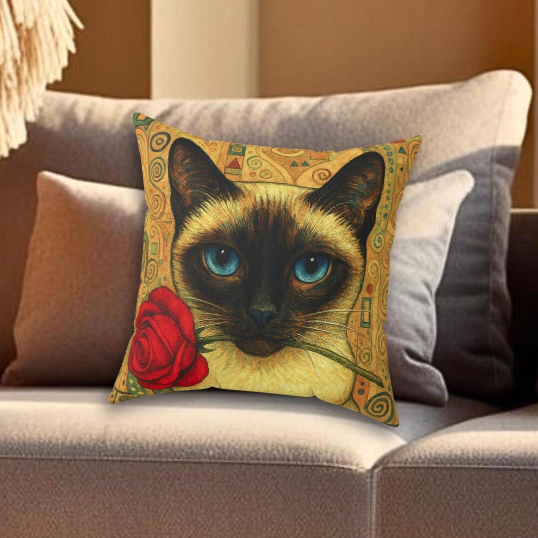 Golden Siamese Cat With Red Rose Spun Polyester Square Pillow Klimt ...