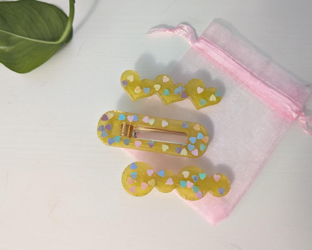Yellow Pastel Heart Confetti Hair Barrettes - Set of 3 - Cute Colorful ...