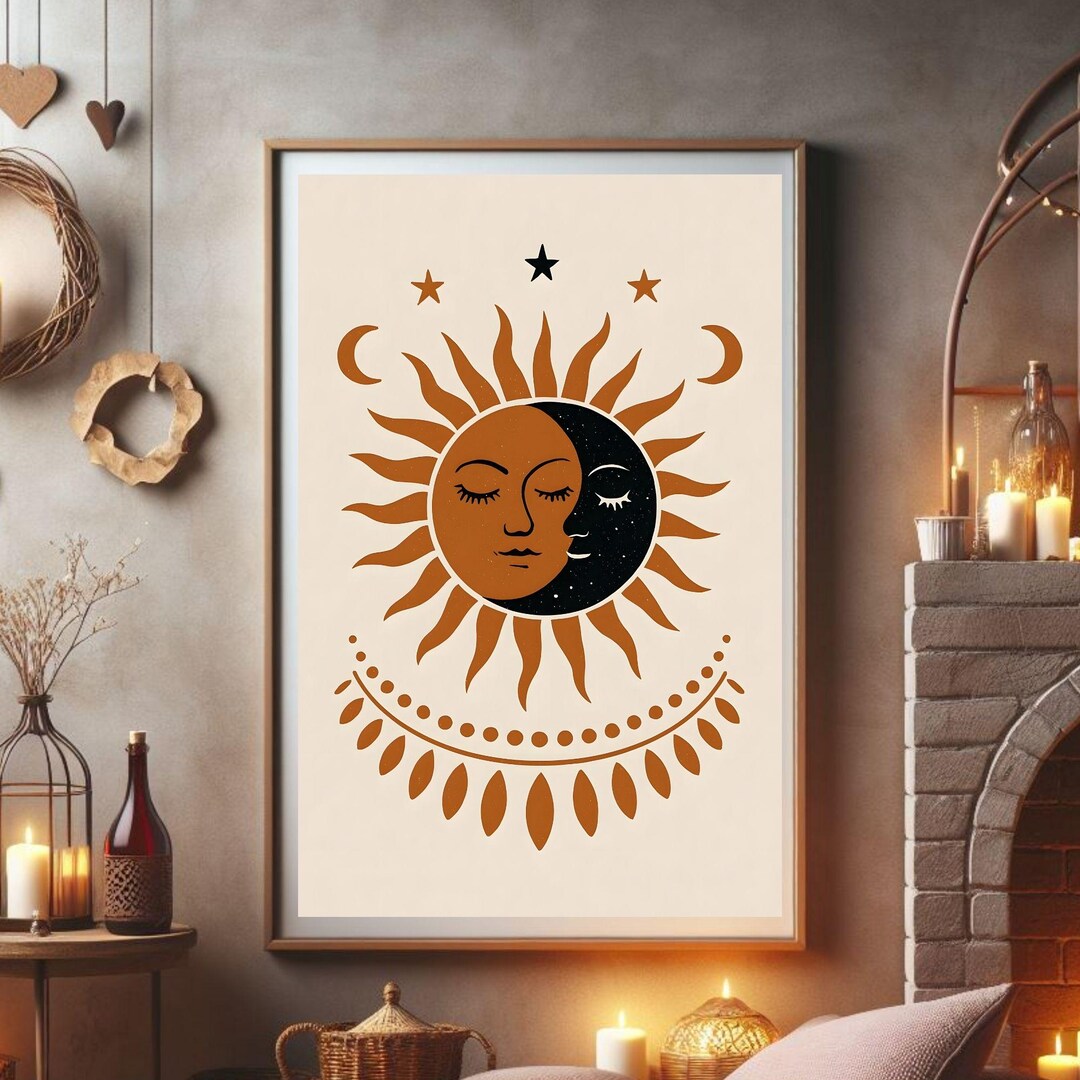 Boho Wall Art Sun and Moon Print – Vintage Poster Spiritual Decor – Sun ...