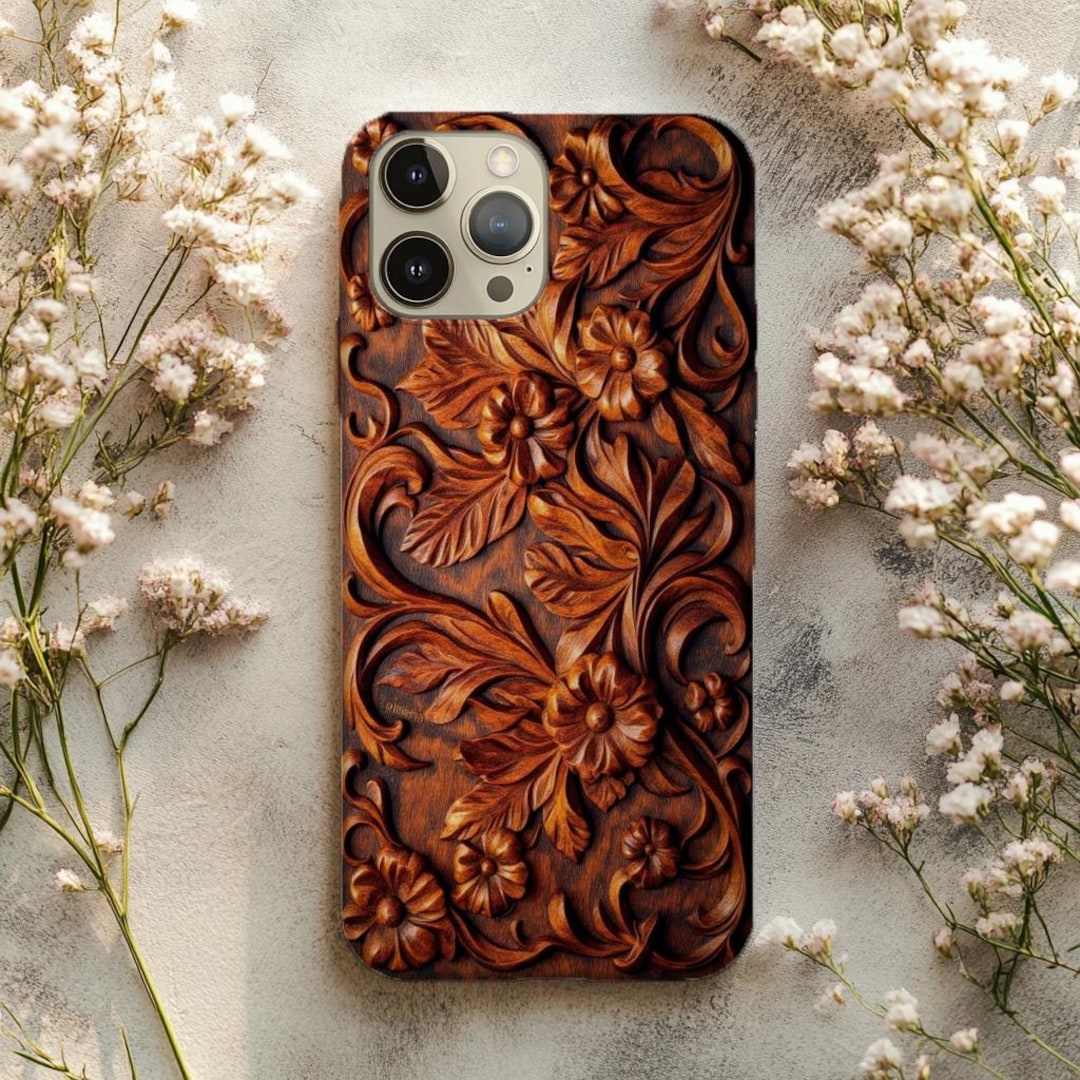 Carved Walnut Floral Print Phone Case – Ornate Wood-carving Aesthetic ...