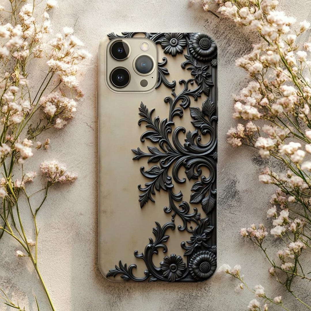 Wrought Iron Floral Phone Case — Black Baroque Scrollwork on Warm ...