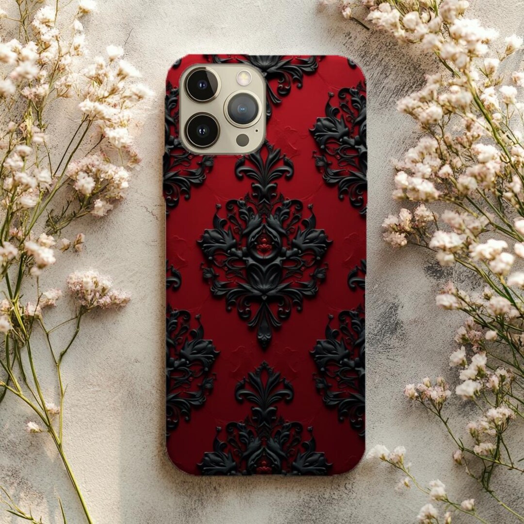 Gothic Red Baroque Phone Case | Black Ornate Tough Cover | Dark Floral ...