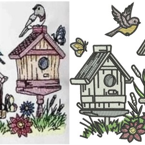 Birdhouse Machine Embroidery Design – Garden Birds, Floral Accents ...