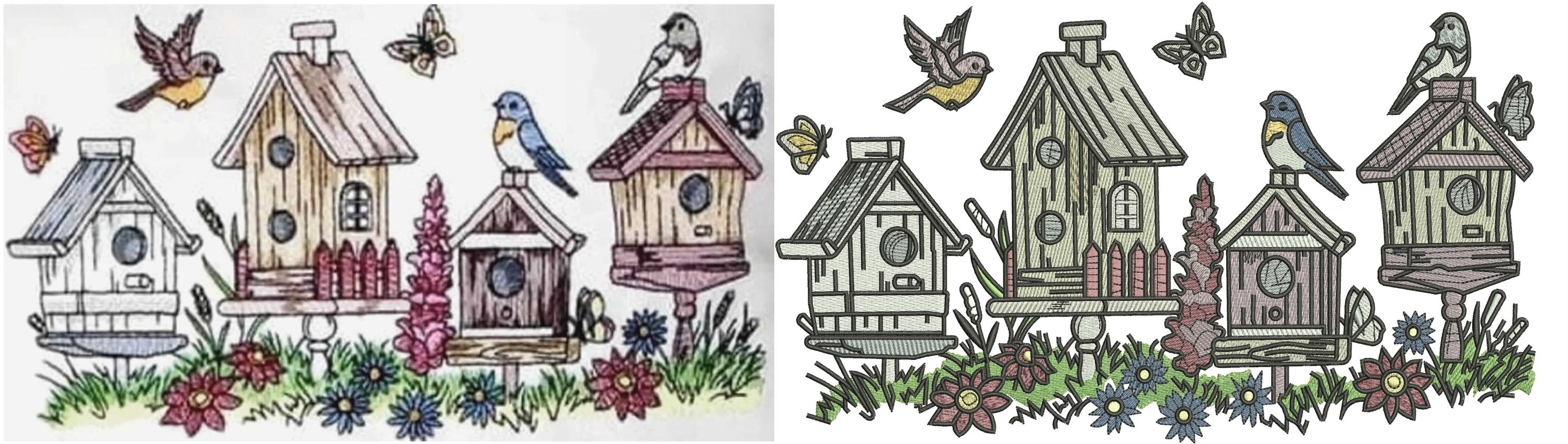 Birdhouse Machine Embroidery Design – Garden Birds, Floral Accents ...