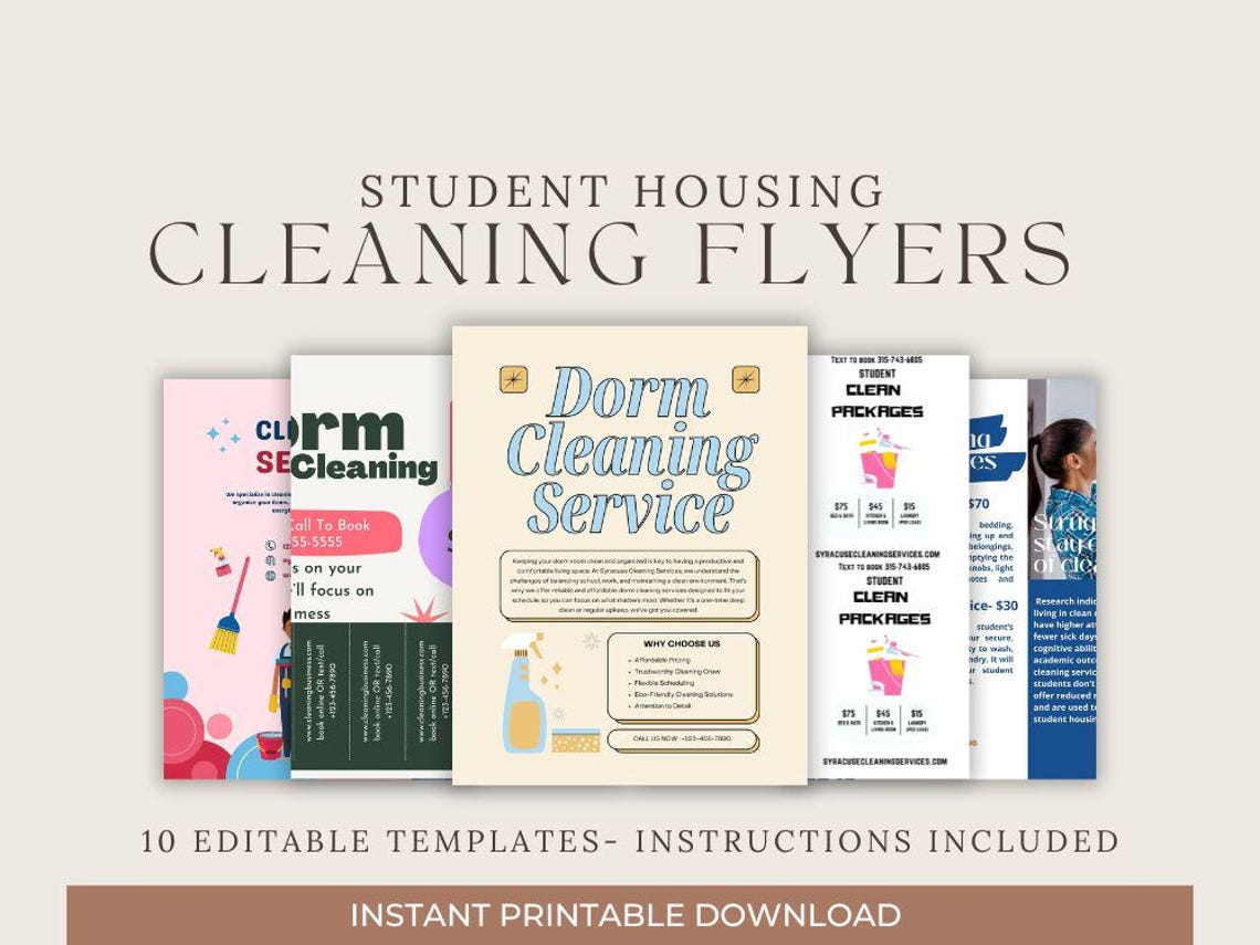 Pack of 10 Editable Cleaning Flyers | Student Housing & Dorm Cleaning ...