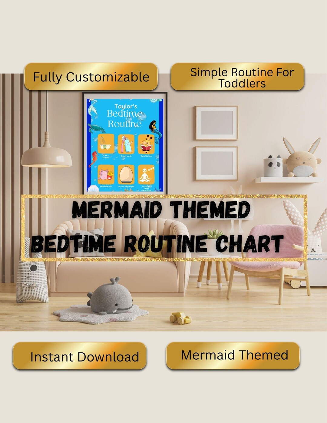 Mermaid-themed Bedtime Routine Chart for Kids | Printable Editable PDF ...