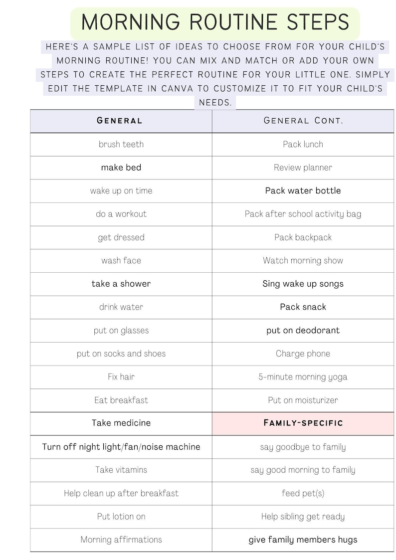 Personalized Tween/teen Morning Routine Chart | Custom Daily Checklist ...