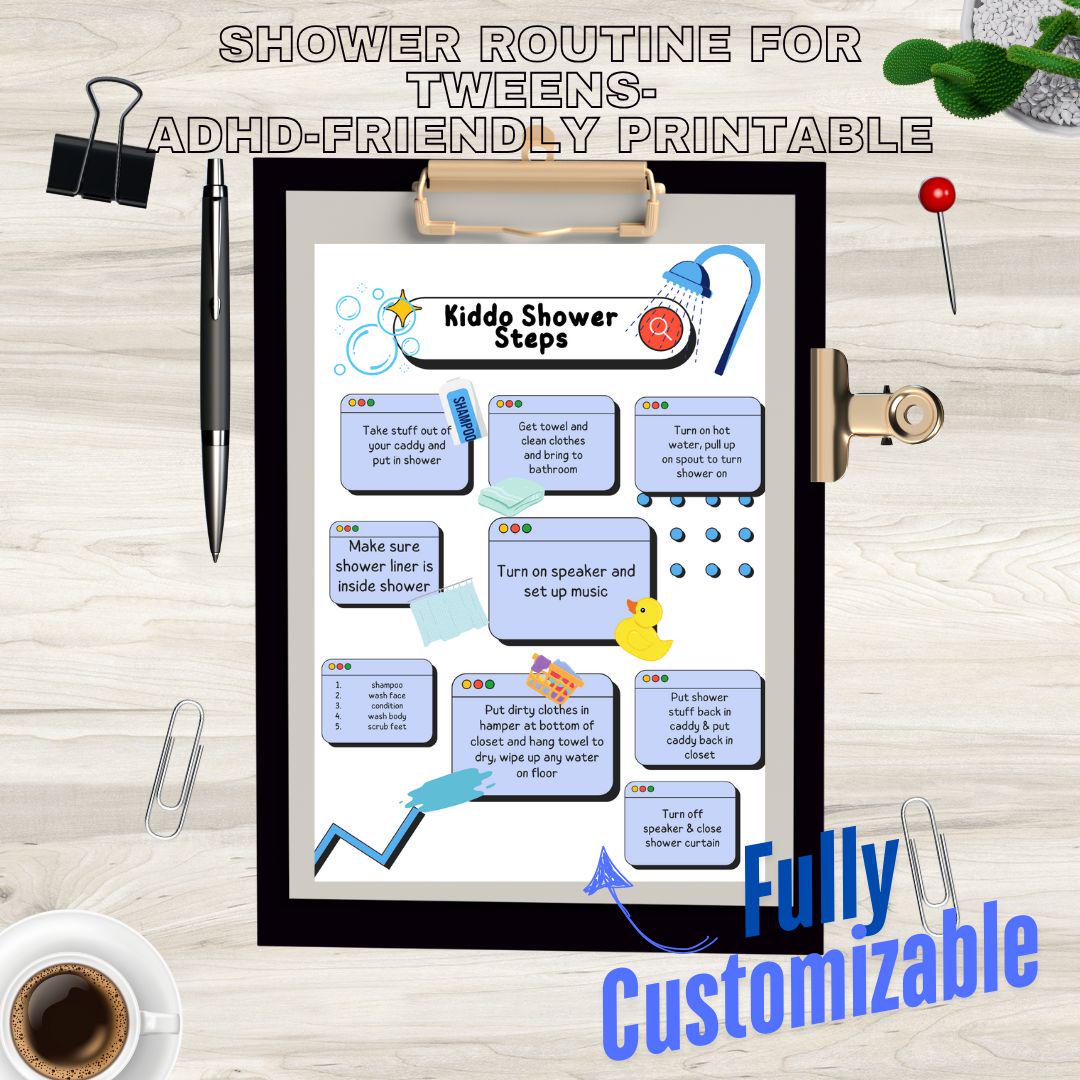 Printable Shower Steps for Kids & Tweens - ADHD Routine Chart - Hygiene ...