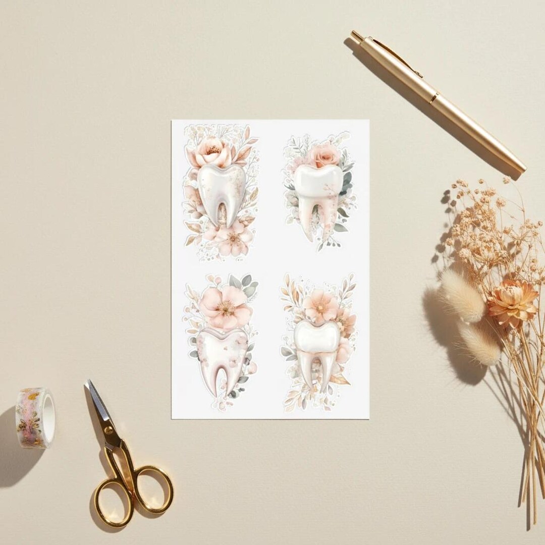 Floral Tooth Stickers: Elegant Dental Art, Planner Decals (set of 4) - Etsy
