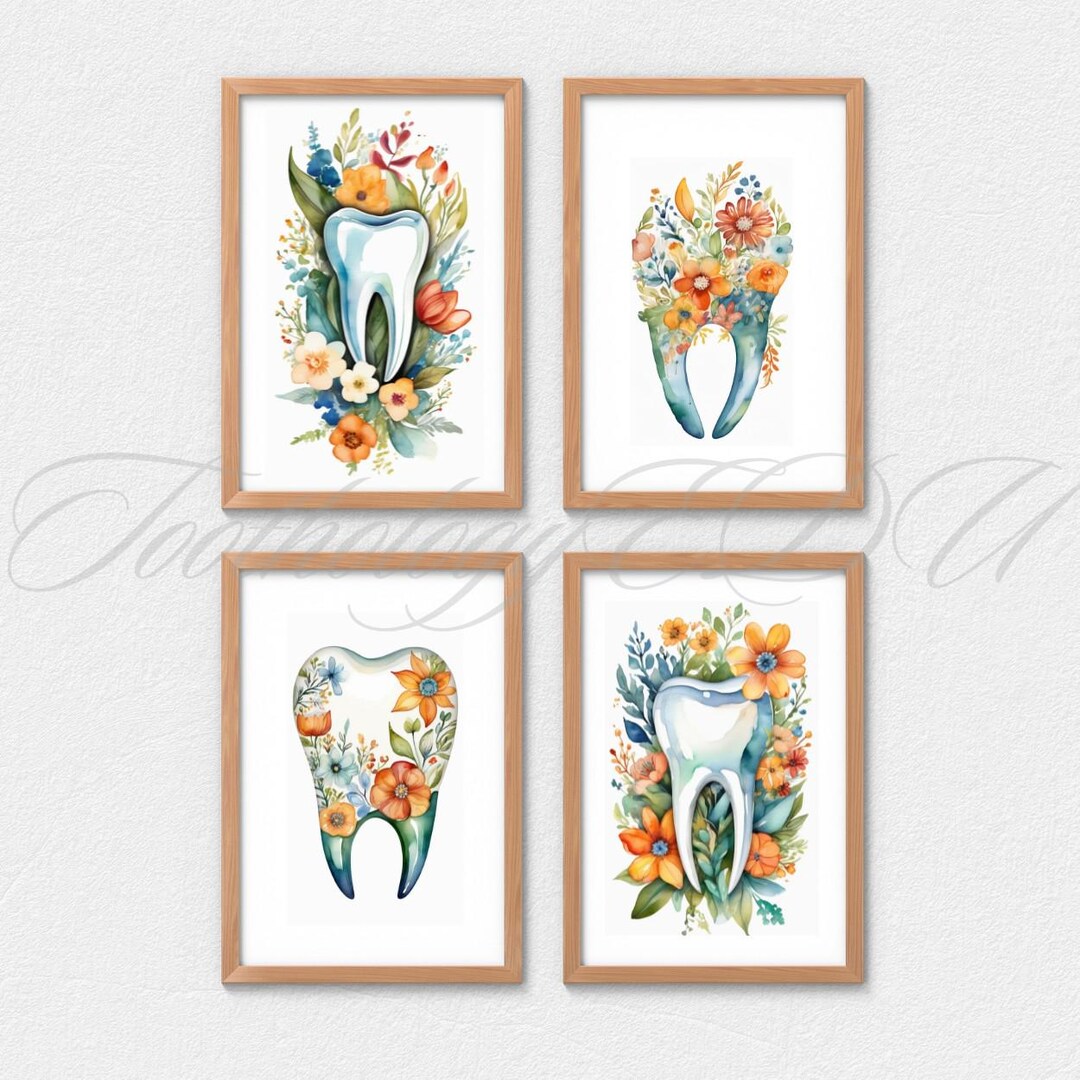 Watercolor Tooth Art Prints: Orange Floral Dental Office Decor (digital ...