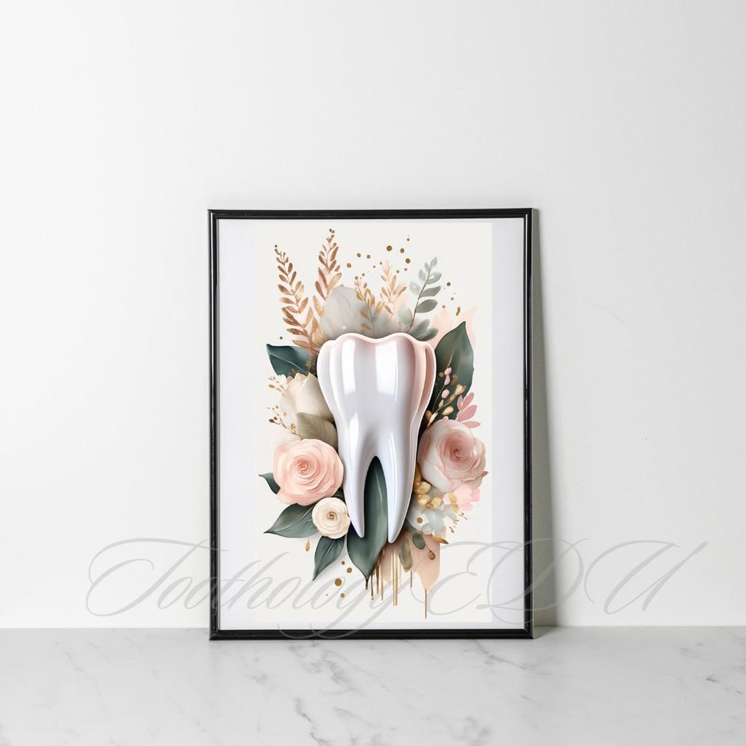 Rose Gold Floral Tooth Art Print - Digital Download | Elegant Dentist ...