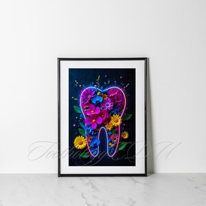Floral Tooth Art | Dark Midnight Blue Neon Dental Wall Decor | Dentist ...