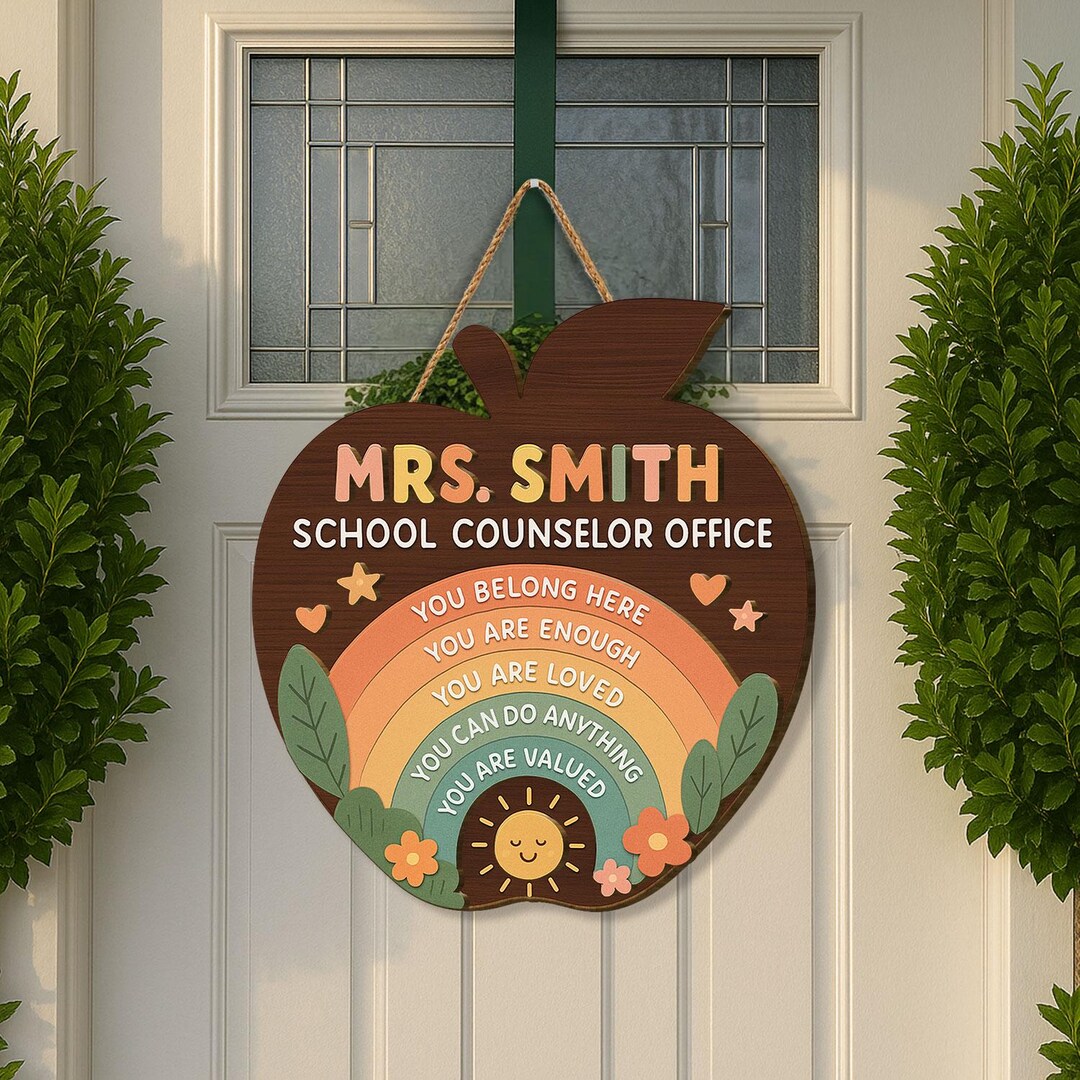 School Counselor Door Sign – Personalized Wooden Apple Sign – Teacher ...