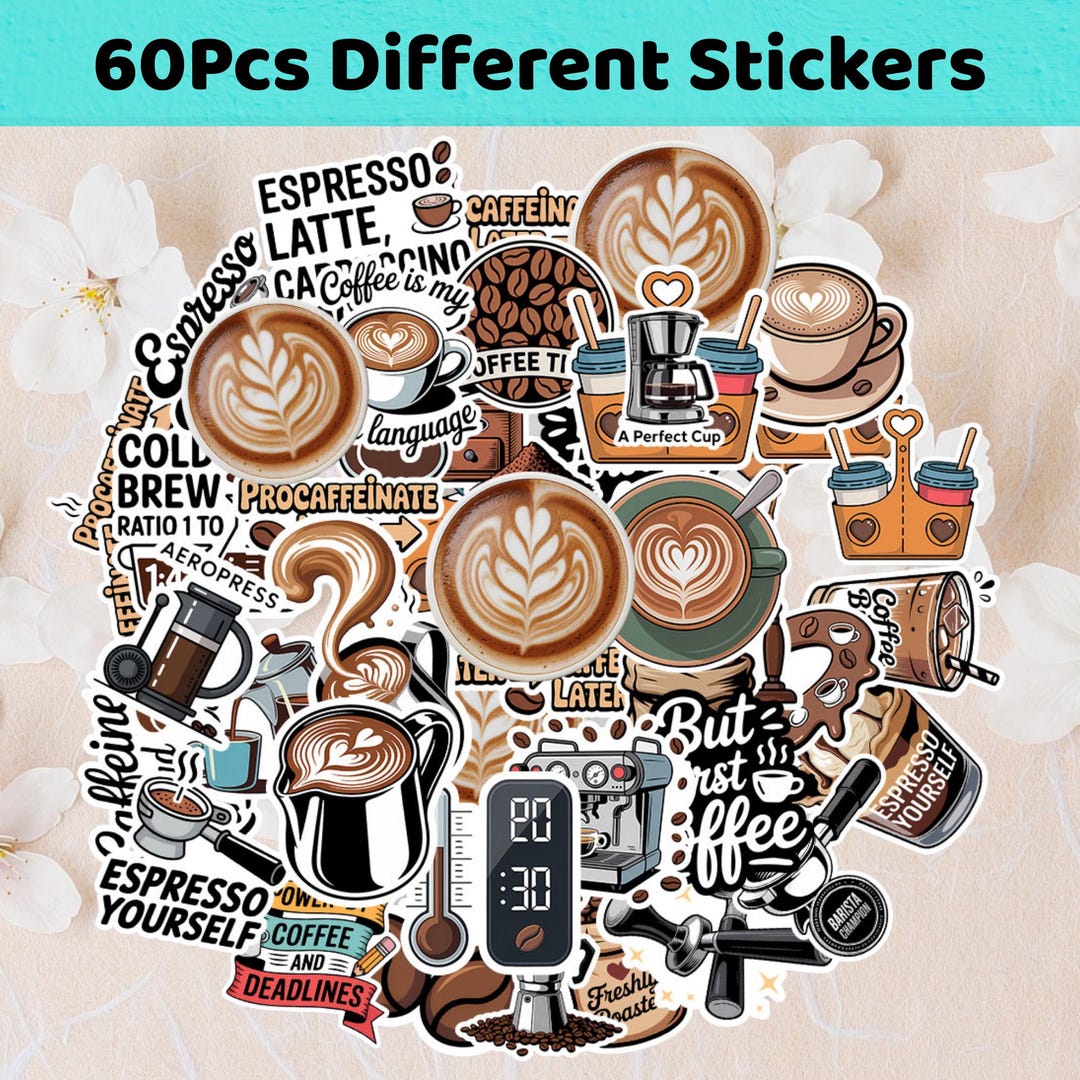 60pcs Coffee Sticker Pack, Sticker for Coffee Lover, Coffee Shop Decor ...