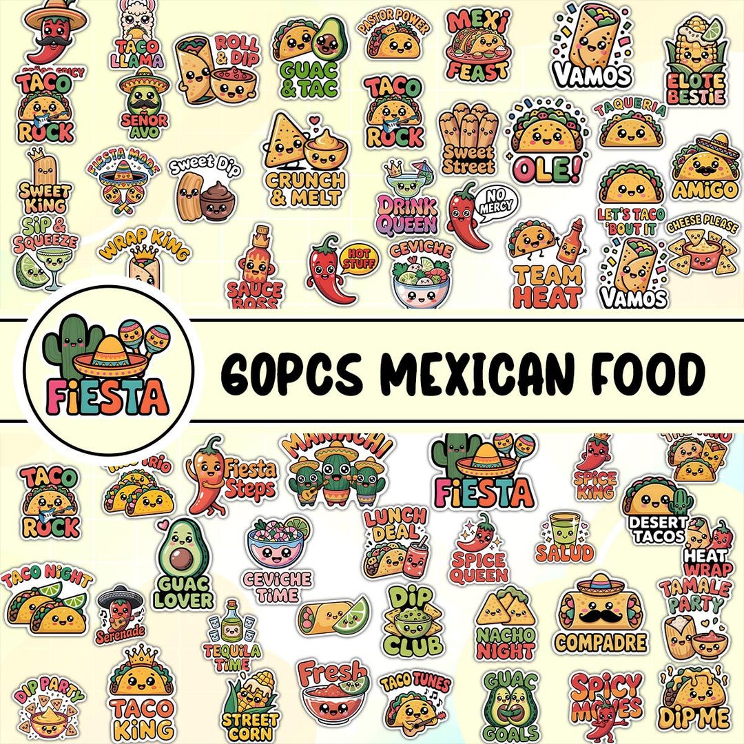 60pcs Mexican Food Sticker Pack, Taco Burrito Cute Stickers, Mexican ...