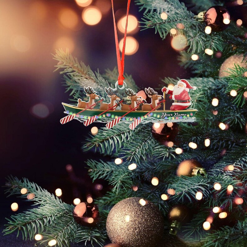 Personalized Santa Rowing Reindeer Boat Ornament: 2D Flat Ornament, Not ...