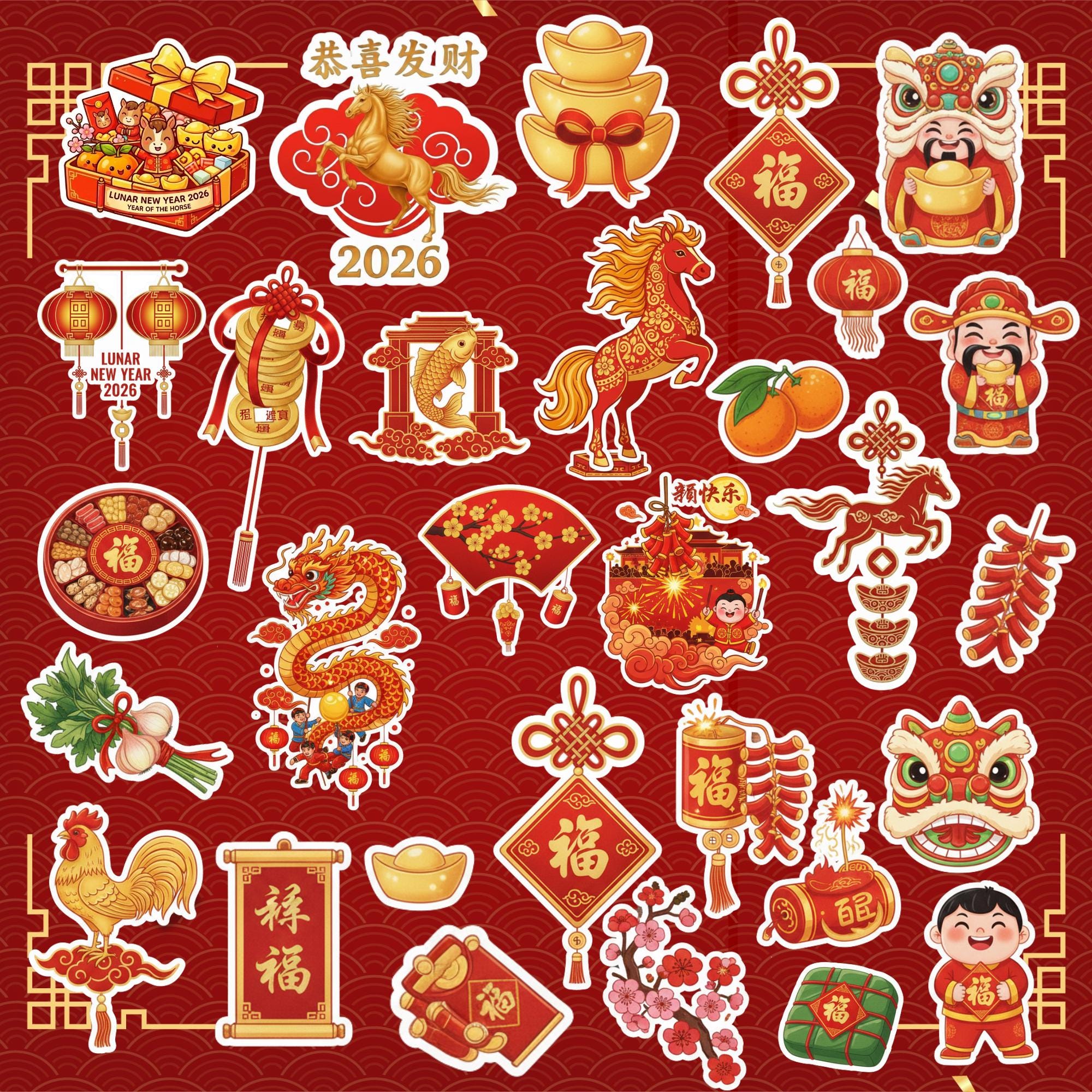 COMBO 30pcs Lunar New Year Stickers, Year of the Horse Sticker ...