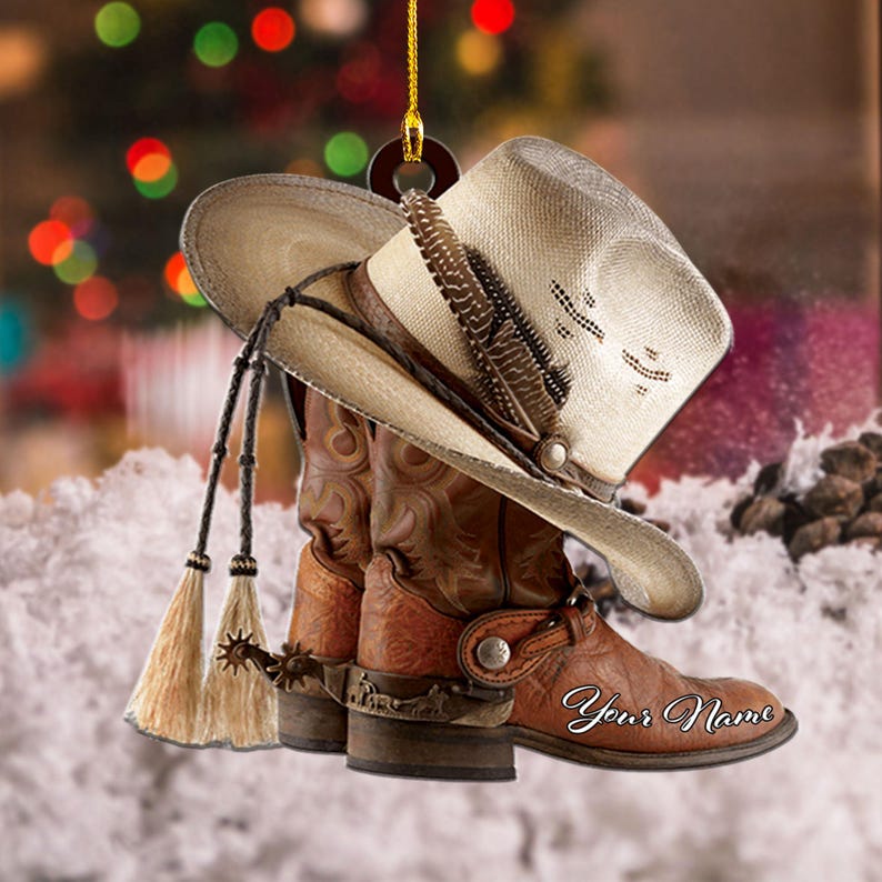 Personalized Cowboy Boots & Hat Acrylic Ornament: Western Christmas ...