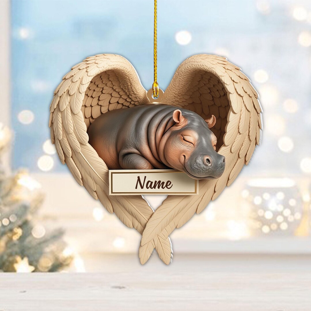 Custom Hippo Sleeping on Angel Wing Ornament, Cute Hippo Ornament Decor ...