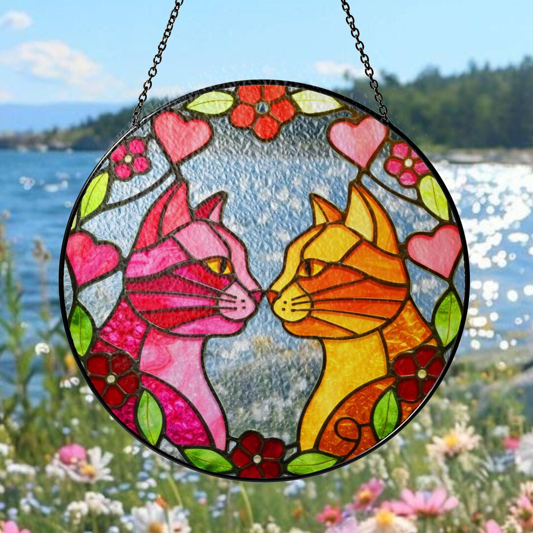 Stained Glass Couple Cat Suncatcher, Romantic Cat Window Decor, Love ...